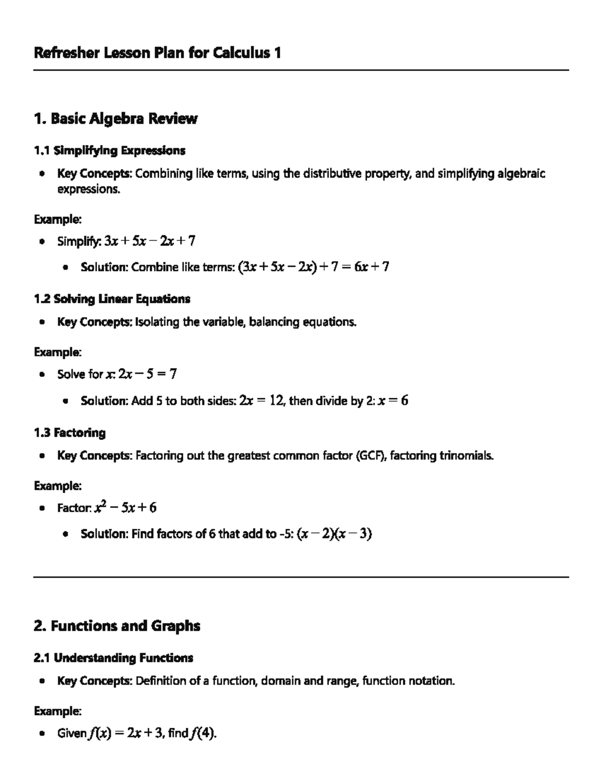 Refresher Lesson Plan for Calculus 1: Key Concepts & Examples - Studocu