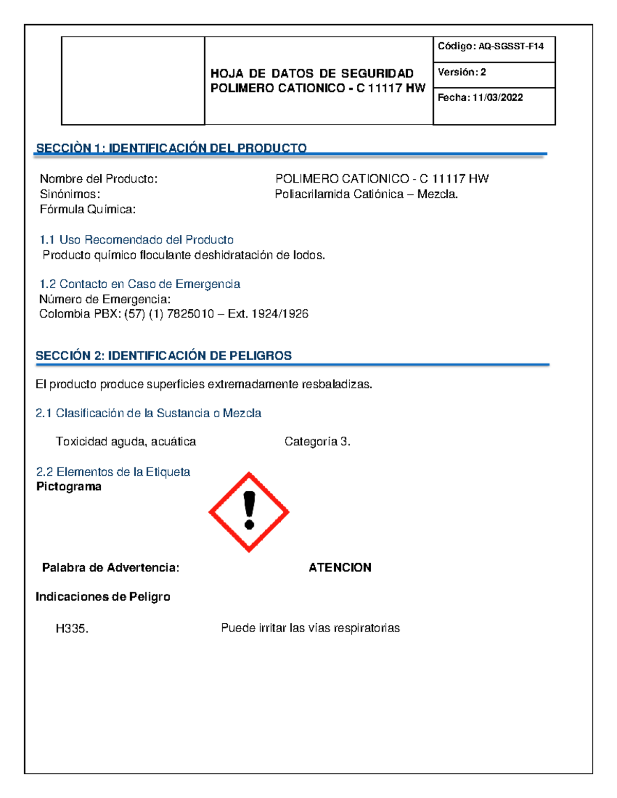 Hoja de Datos de Seguridad - Polimero Catiónico C 11117 HW (Versión 2 ...