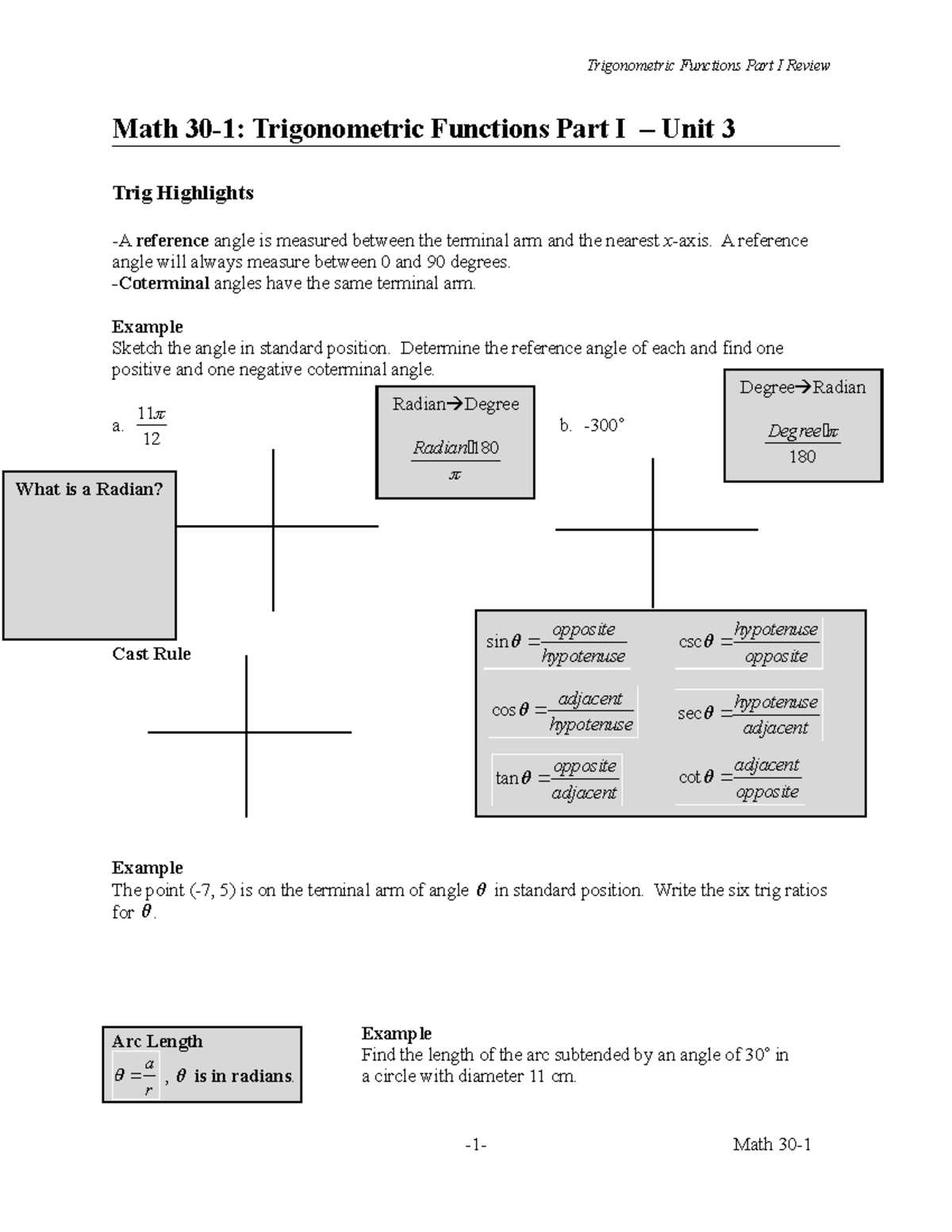 Math 30-1 Final Review: Trigonometric Functions Part I Summary - Studocu