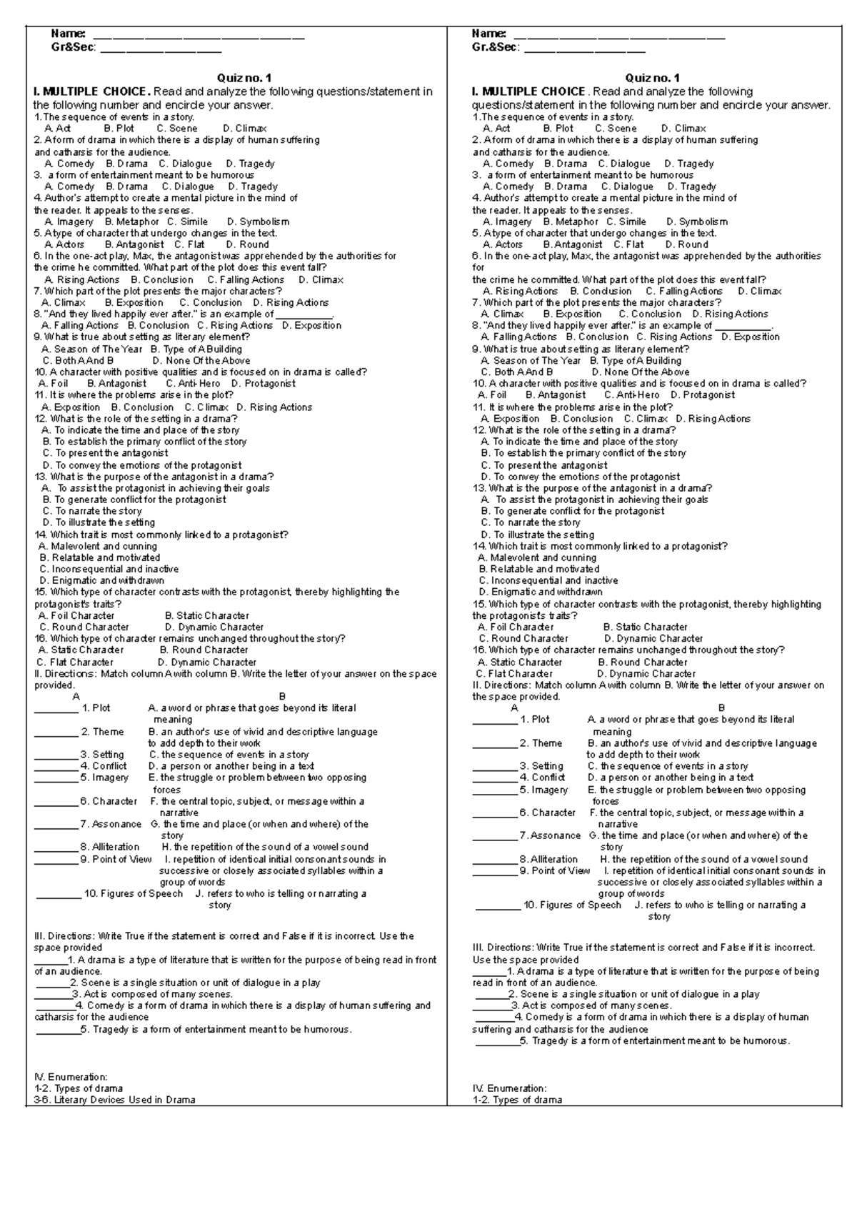 Quiz no. 1: Literary Elements and Drama Analysis - Studocu