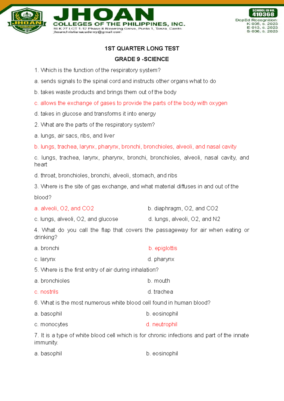 Grade 9 Science 1st Quarter Long Test: Respiratory & Circulatory ...