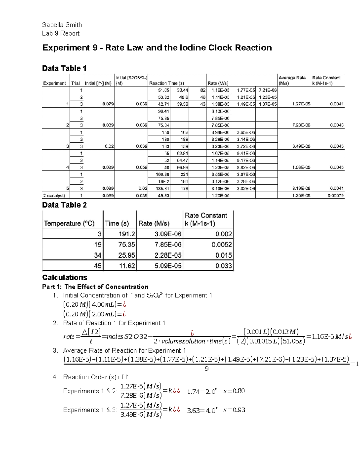 Chem 202 Lab 9 Report: Rate Law & Iodine Clock Reaction Analysis - Studocu