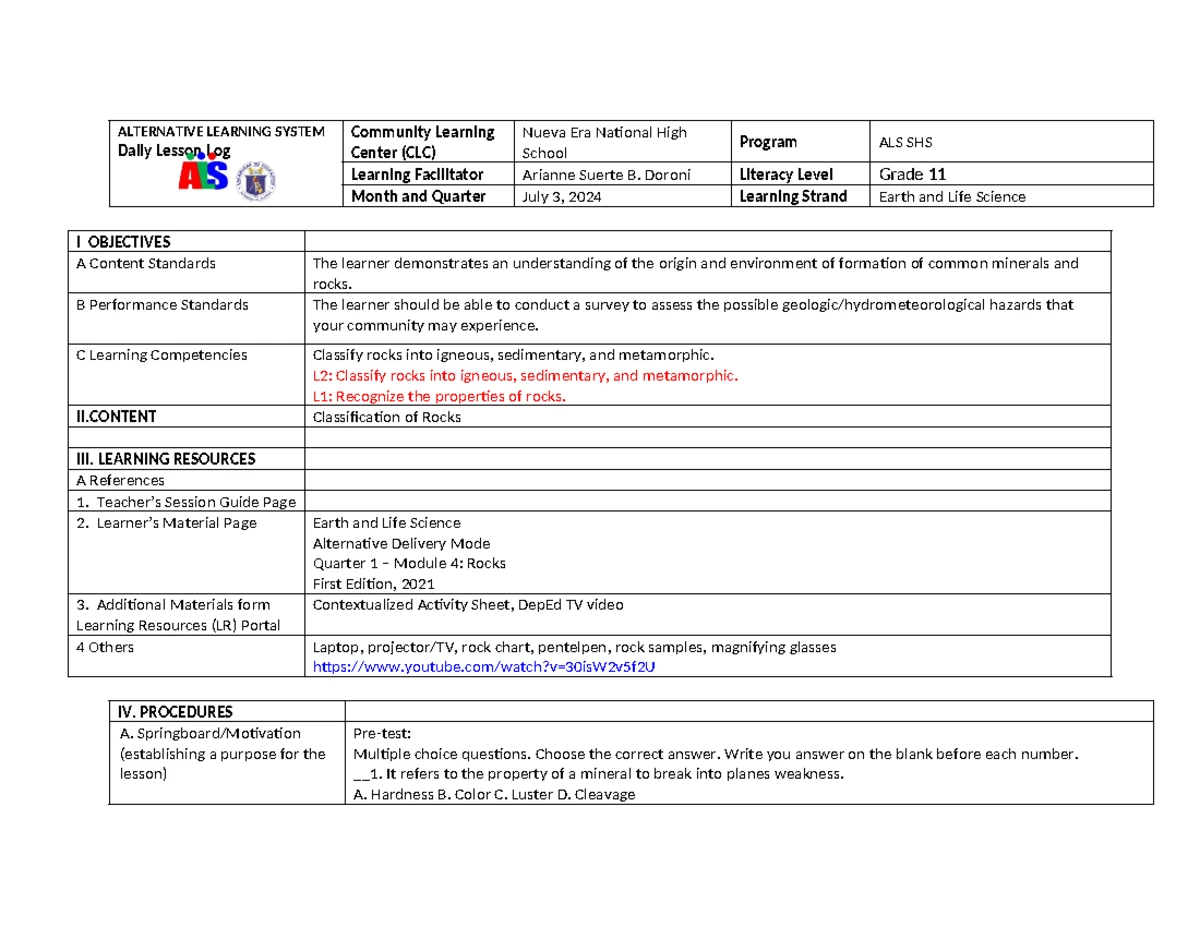 DLL - ELS Grade 12 Earth and Life Science Lesson Plan - Studocu