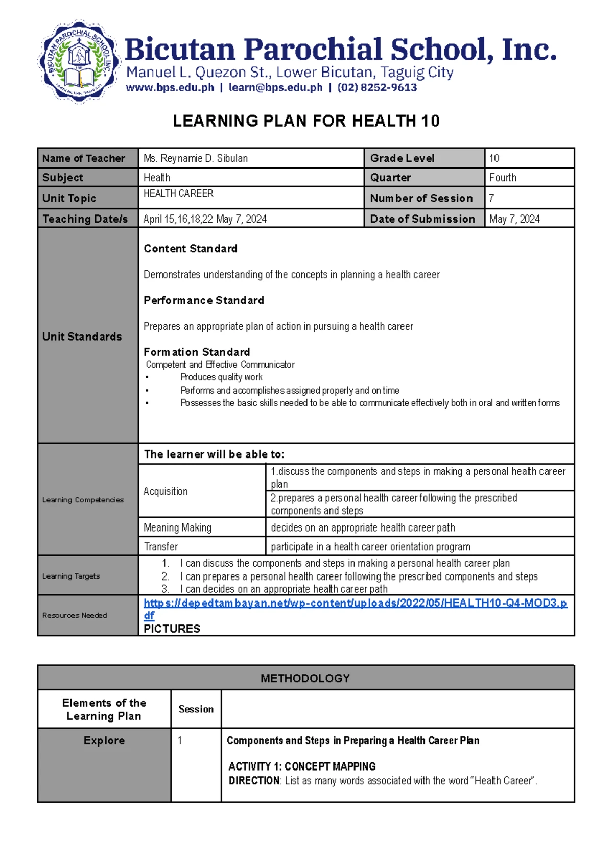 P.E 10 2ND - Learning Plan for Active Recreation and Fitness - Studocu