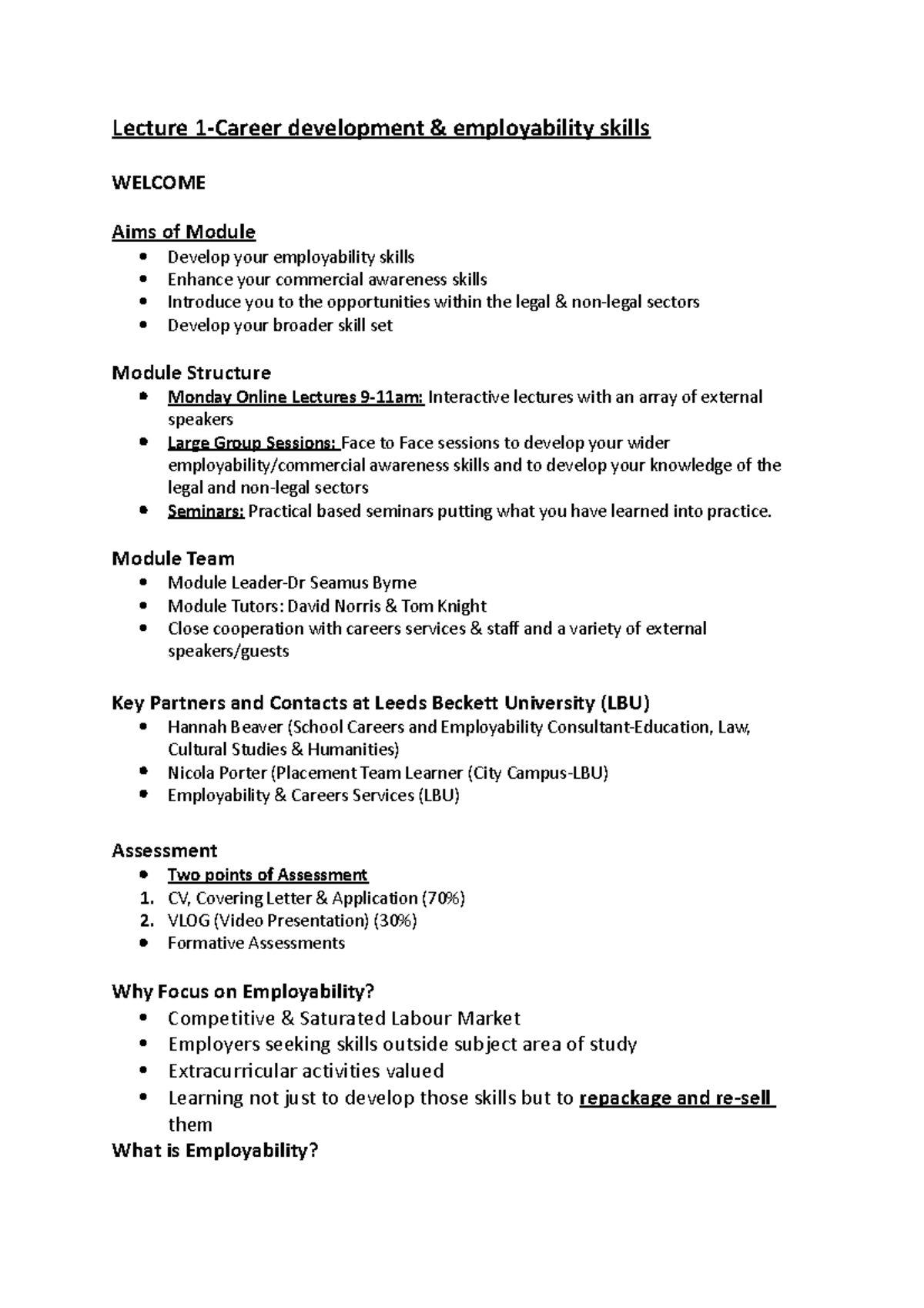 Lecture 1: Career Development & Employability Skills Overview - Studocu