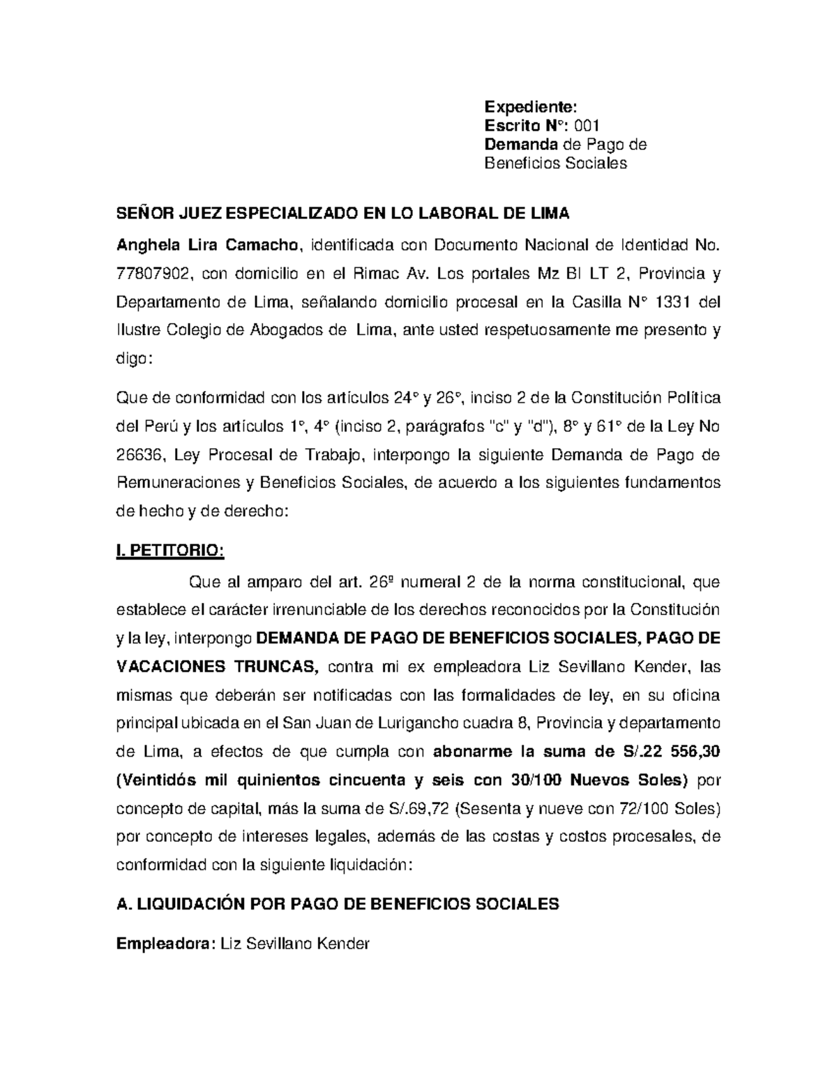 Demanda-laboral de pago beneficios sociales - Expediente: Escrito N°: 001 Demanda de Pago de ...