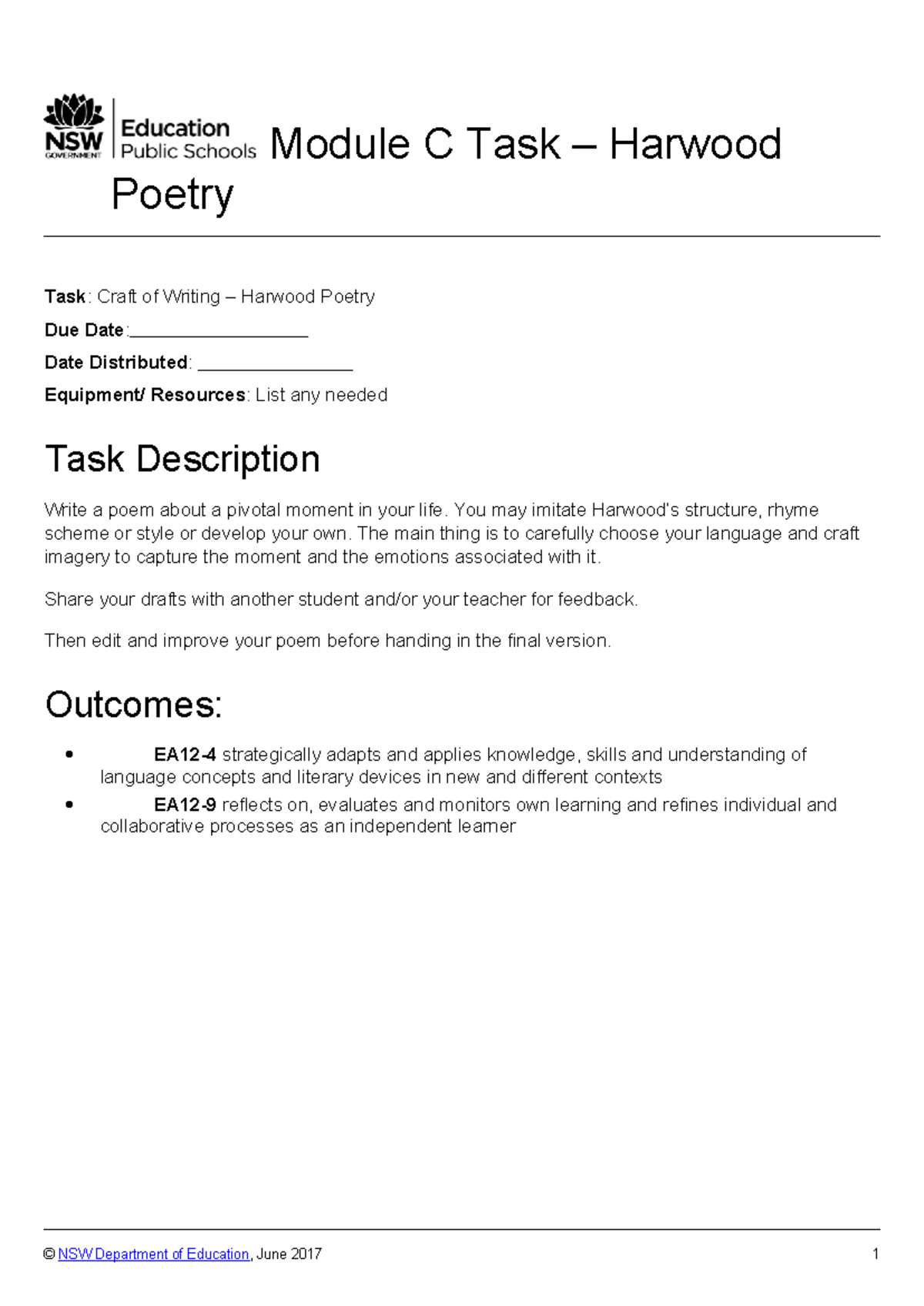 English Advanced S6 Module C: Craft of Writing Poetry Task - Studocu