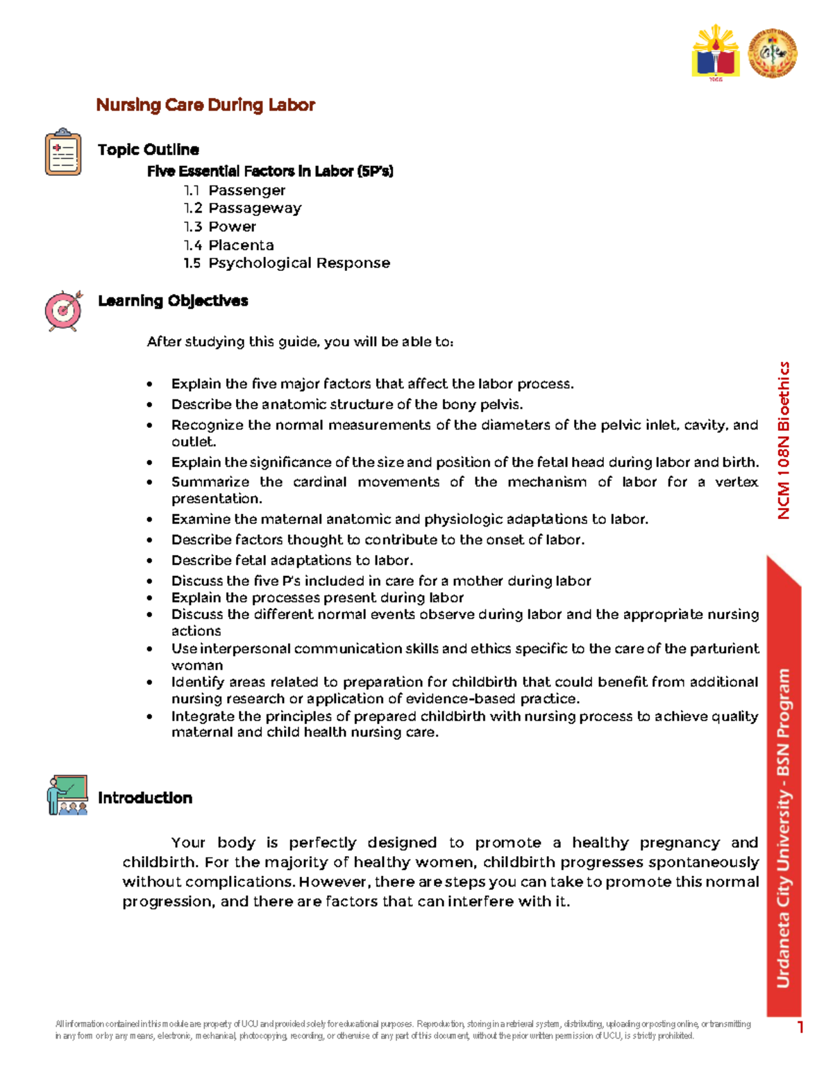 Study Guide: NCM 108N - Nursing Care During Labor and Birth Process ...
