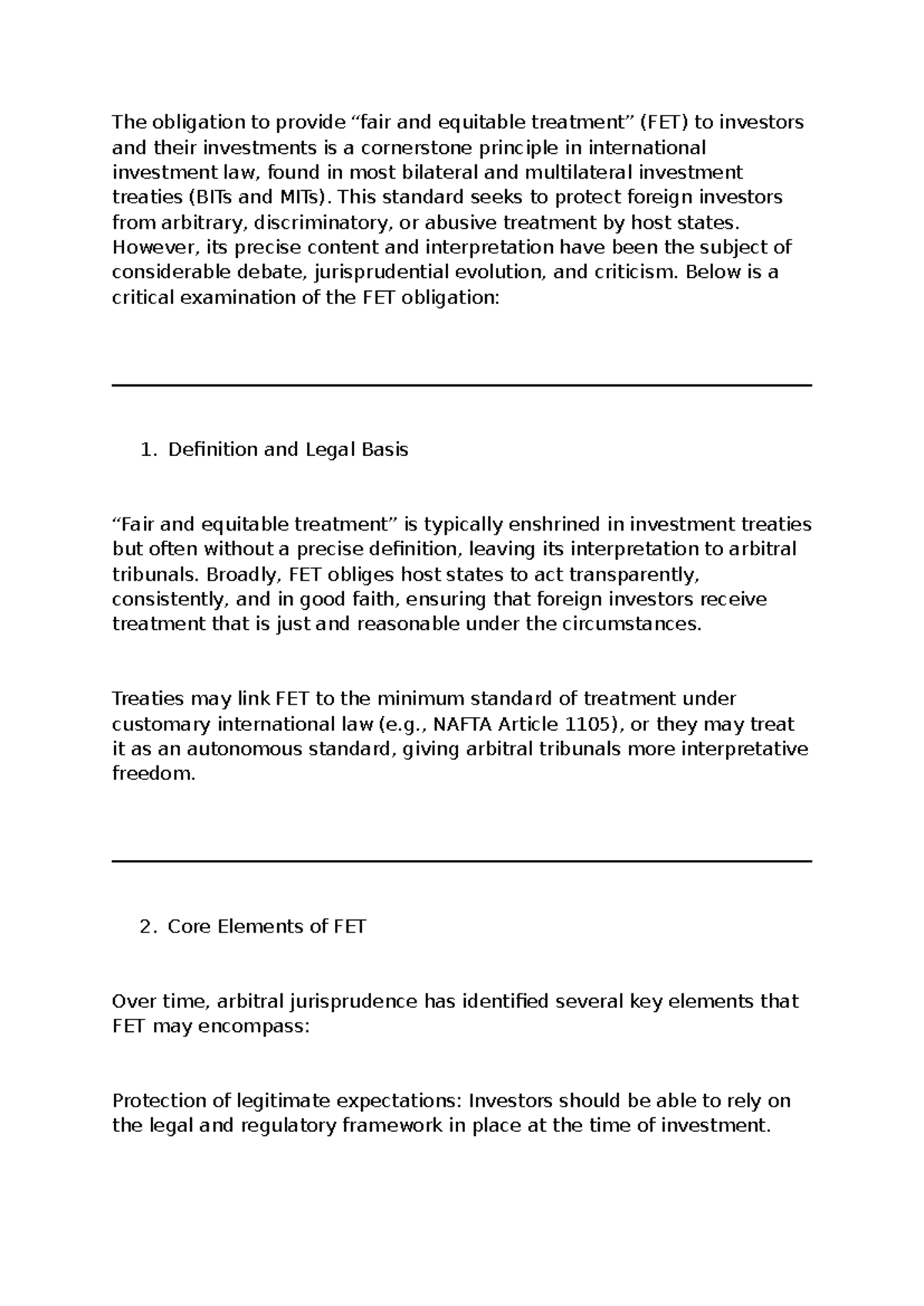 Critical Analysis of Fair and Equitable Treatment in Investment Law ...