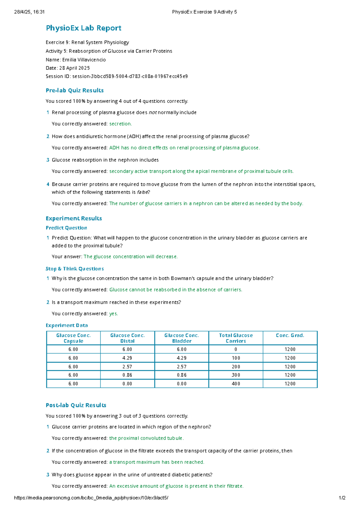 PhysioEx 16:31 Lab Report: Renal System Physiology Activity 5 - Studocu