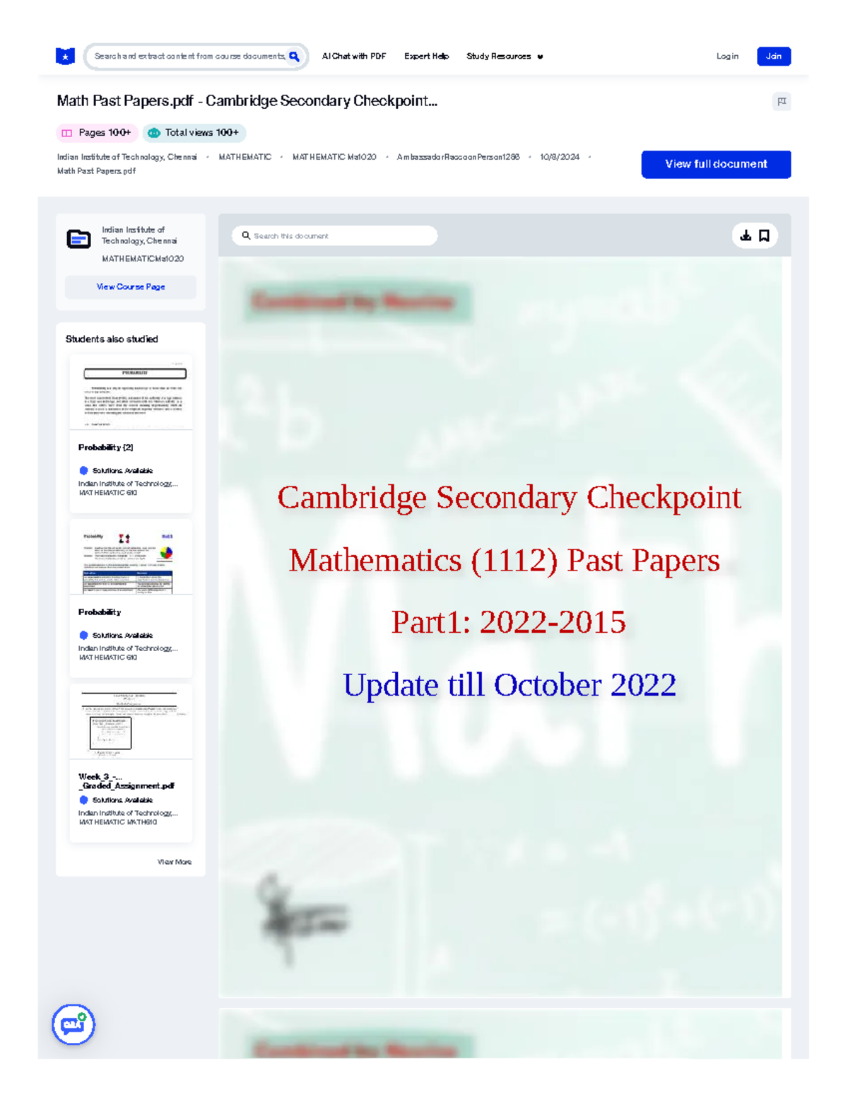 Math Past Papers (MAT1020) - Cambridge Secondary Checkpoint - Studocu
