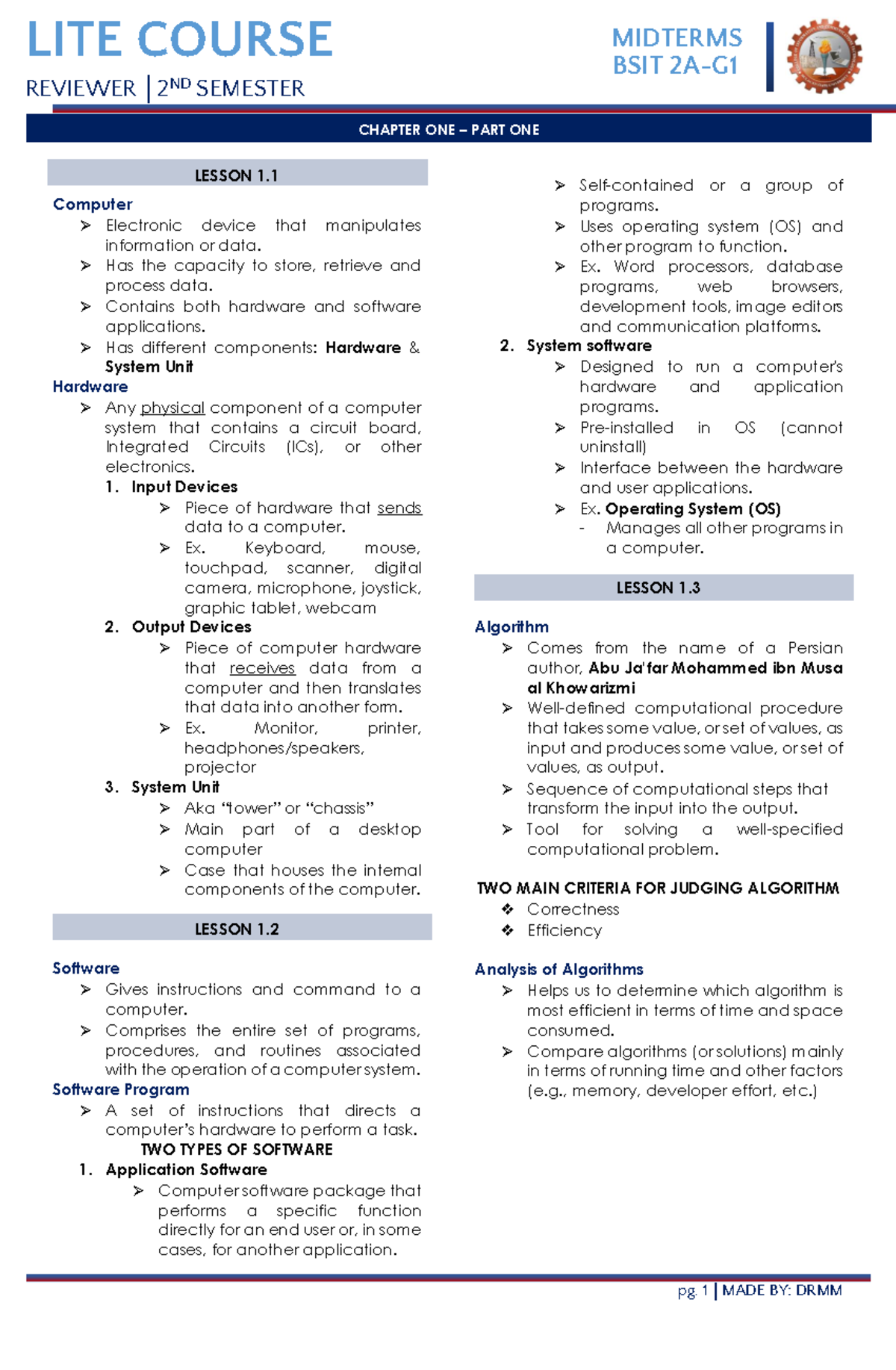 LITE Chapter 1 and 2 - Reviewer - LITE COURSE REVIEWER │ 2 ND SEMESTER BSIT 2A-G LESSON 1 ...