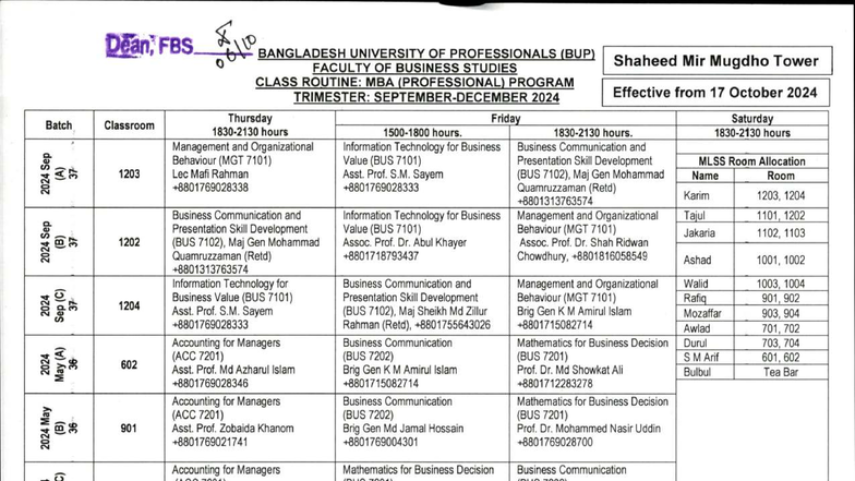 Class Routine for MBA (Professional) Program: Sep-Dec 2024 - Studocu