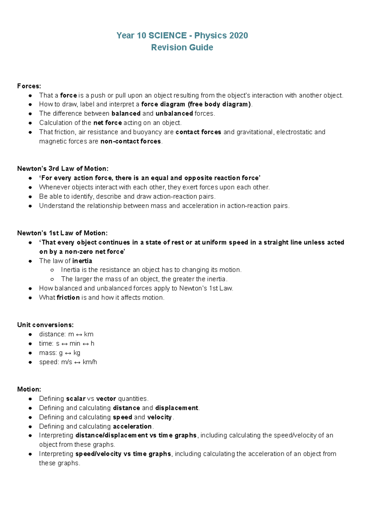 Year 10 Science Physics Revision Guide: Key Concepts & Forces - Studocu