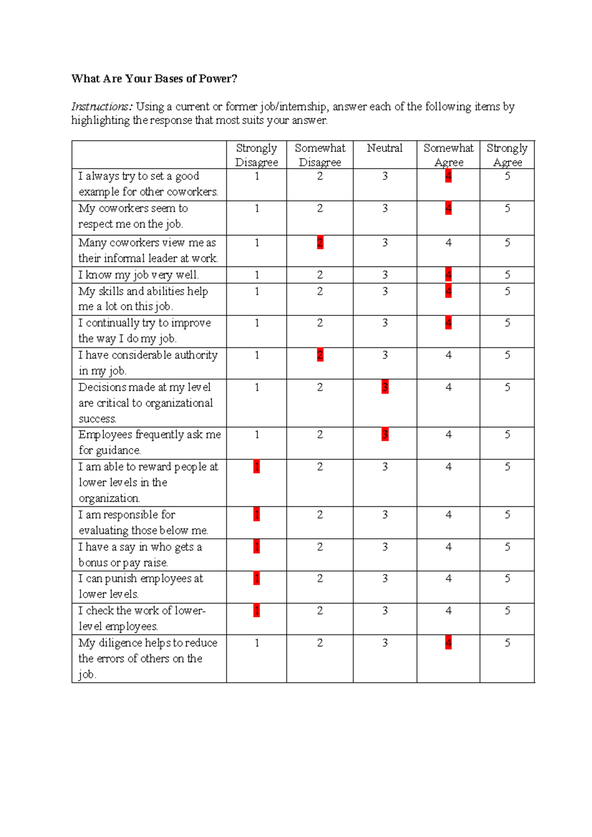 Power Assesment - What Are Your Bases of Power? Instructions: Using a ...