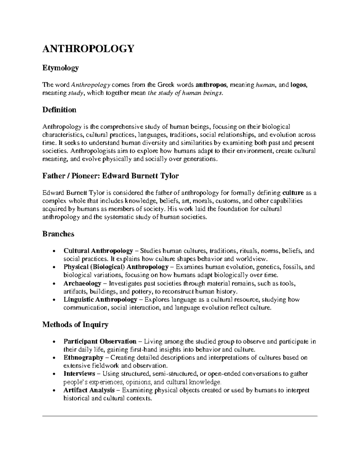 ANTHROPOLOGY Overview: Key Concepts, Pioneers, and Branches - Studocu