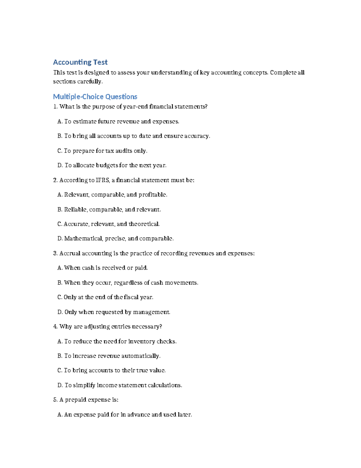 Accounting Test - Accounting Test This test is designed to assess your ...