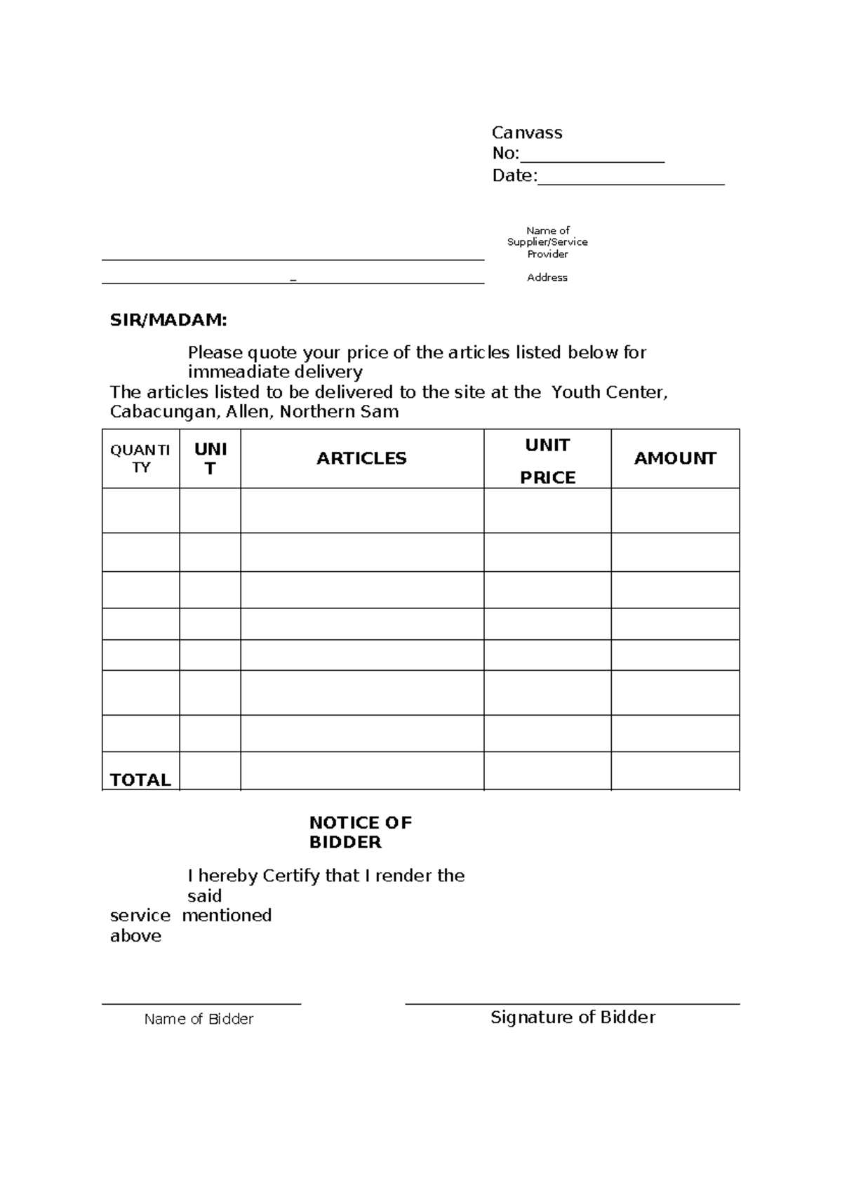 Canvass Form - Canvass No:_________________ Date ...