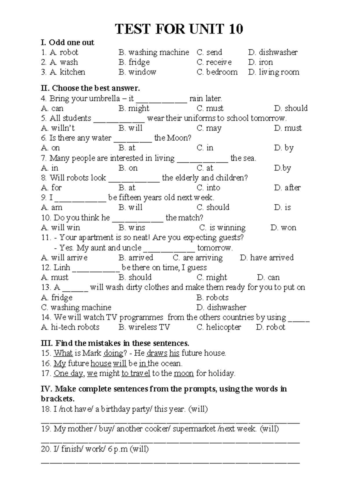 (G6) TEST FOR UNIT 10 - Odd One Out & Best Answers - Studocu