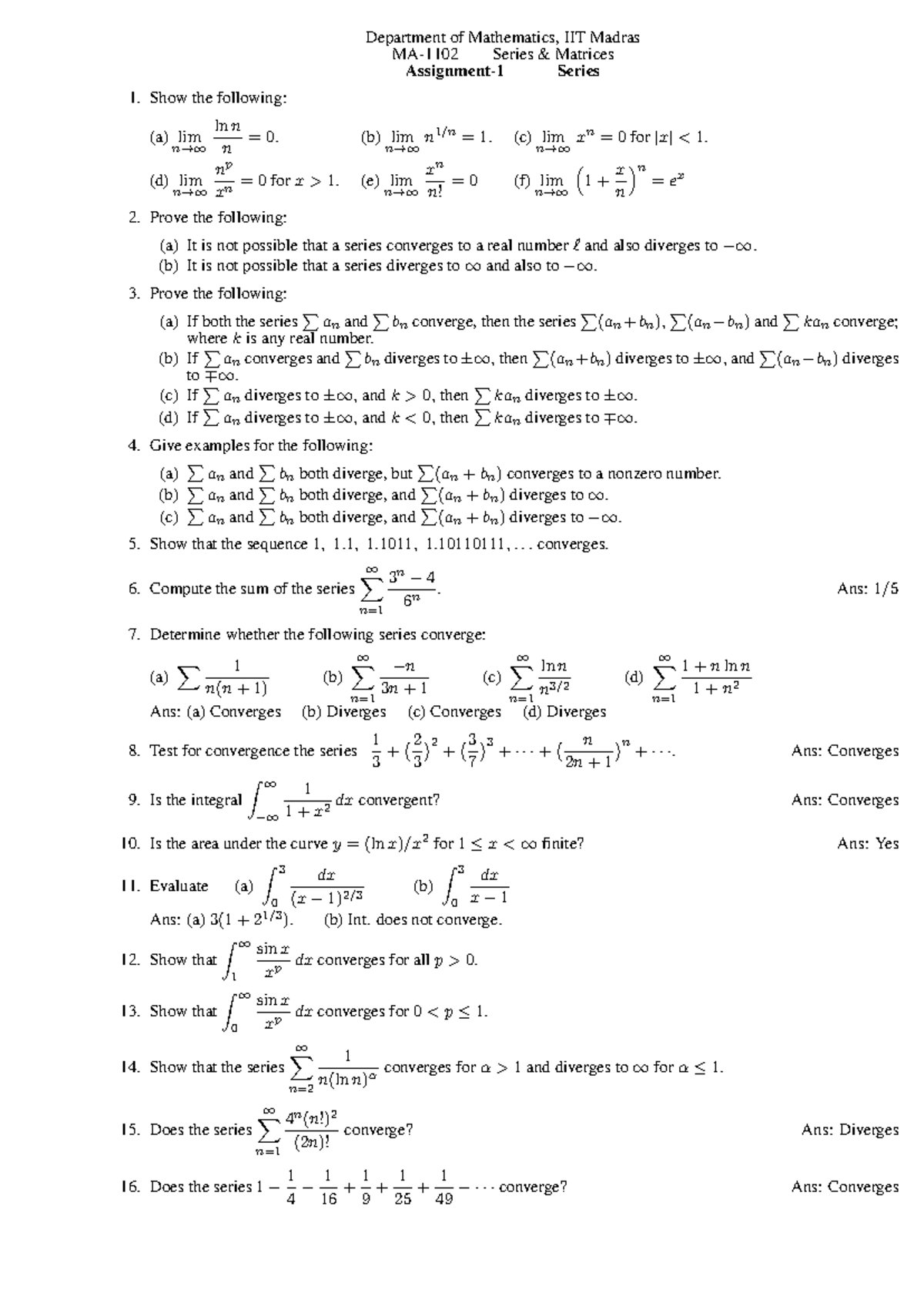 MA-1102 Assignment 1: Series & Matrices Exercises and Solutions - Studocu