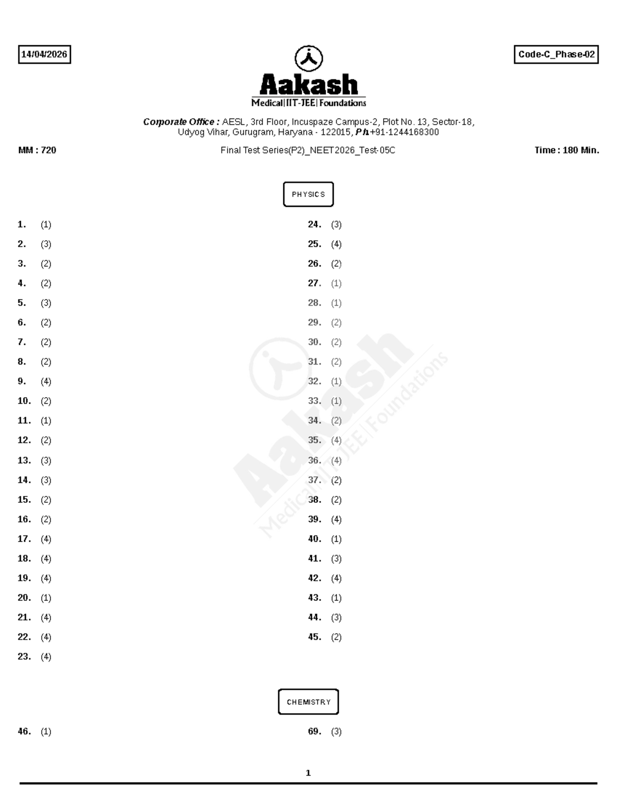 FTS-05C Final Test Solutions for Physics, Chemistry, Botany, and ...