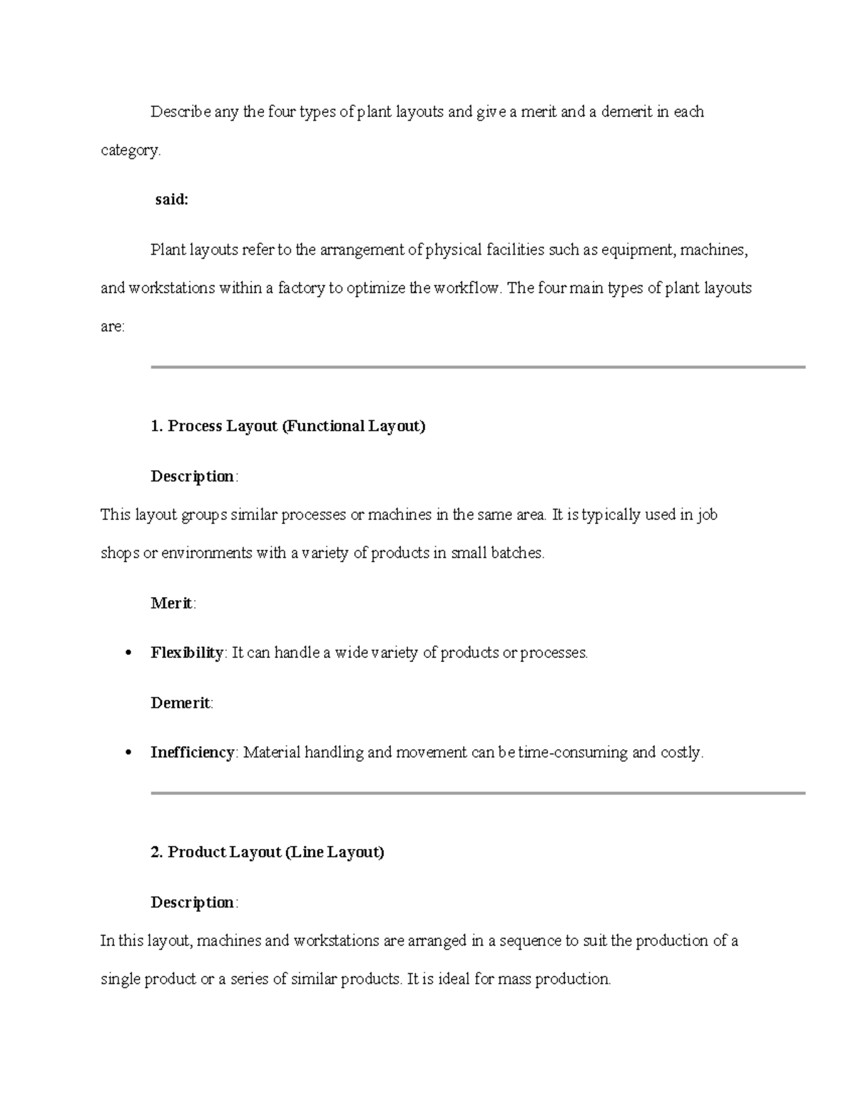 Layouts - assignment on plant layout - Describe any the four types of ...