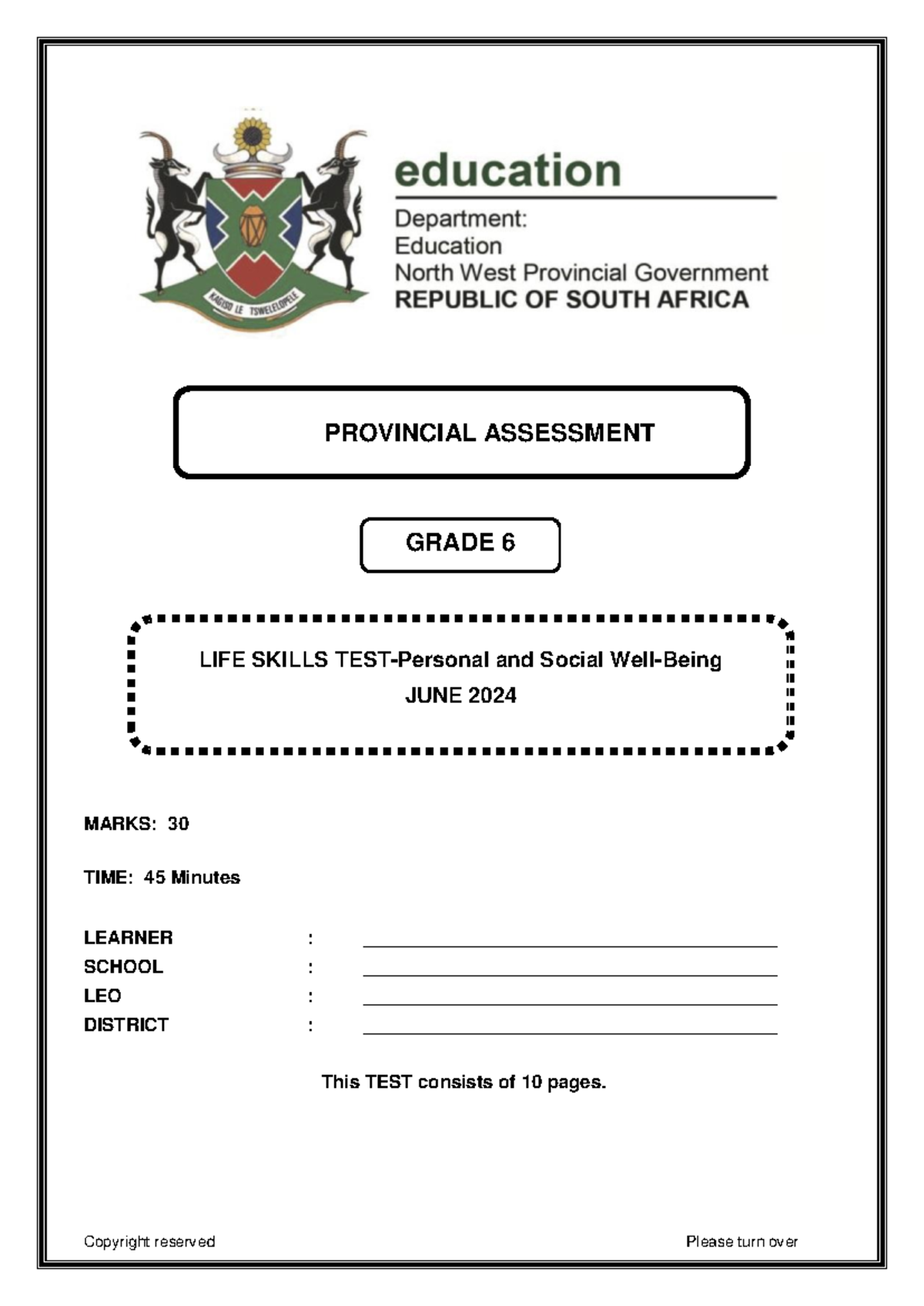 Grade 6 Life Skills Provincial Assessment QP - June 2024 - Studocu