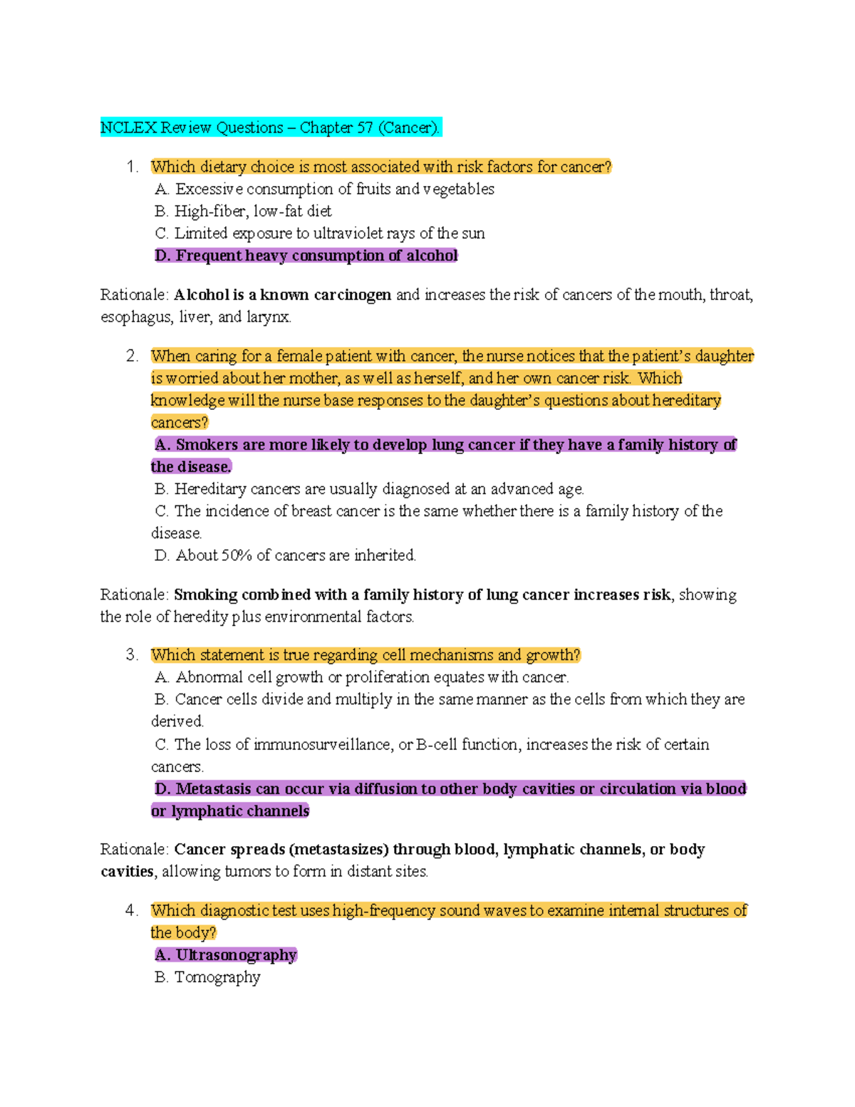 NCLEX Review Questions Chapter 57: Cancer Insights and Rationale - Studocu