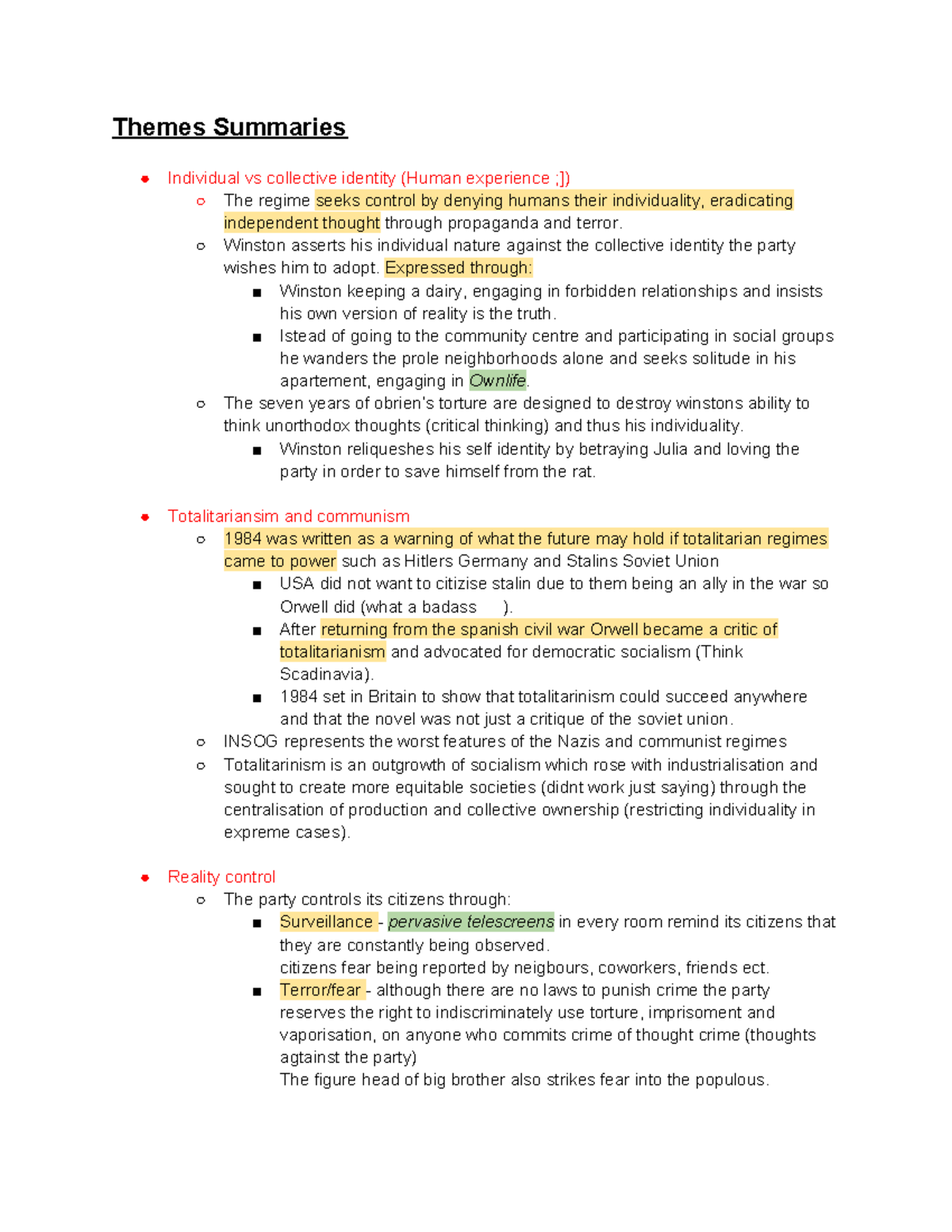 HSC Common Mod 1984: Themes Analysis & Quotes on Identity - Studocu
