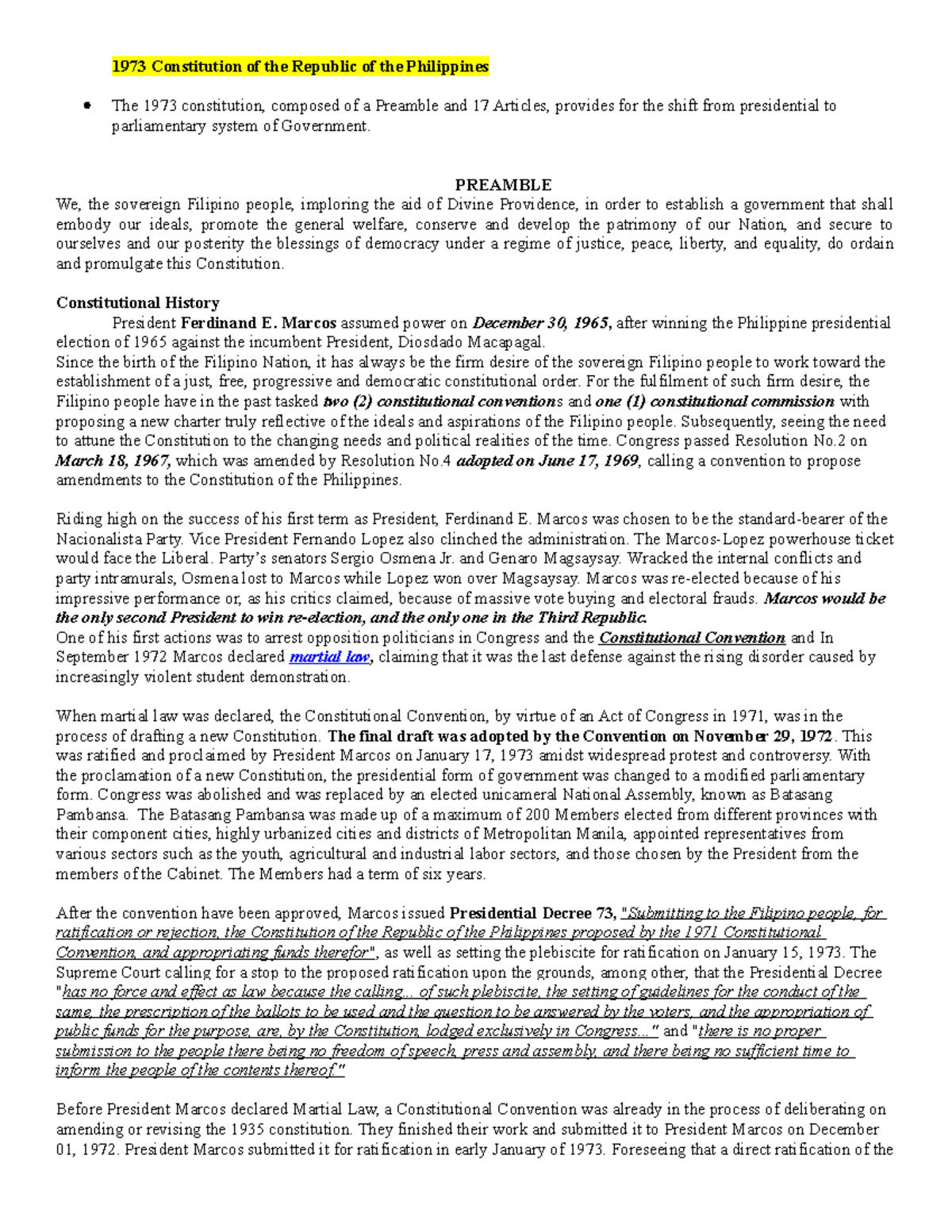 1973 Constitution of the Republic of the Philippines - PREAMBLE We, the ...