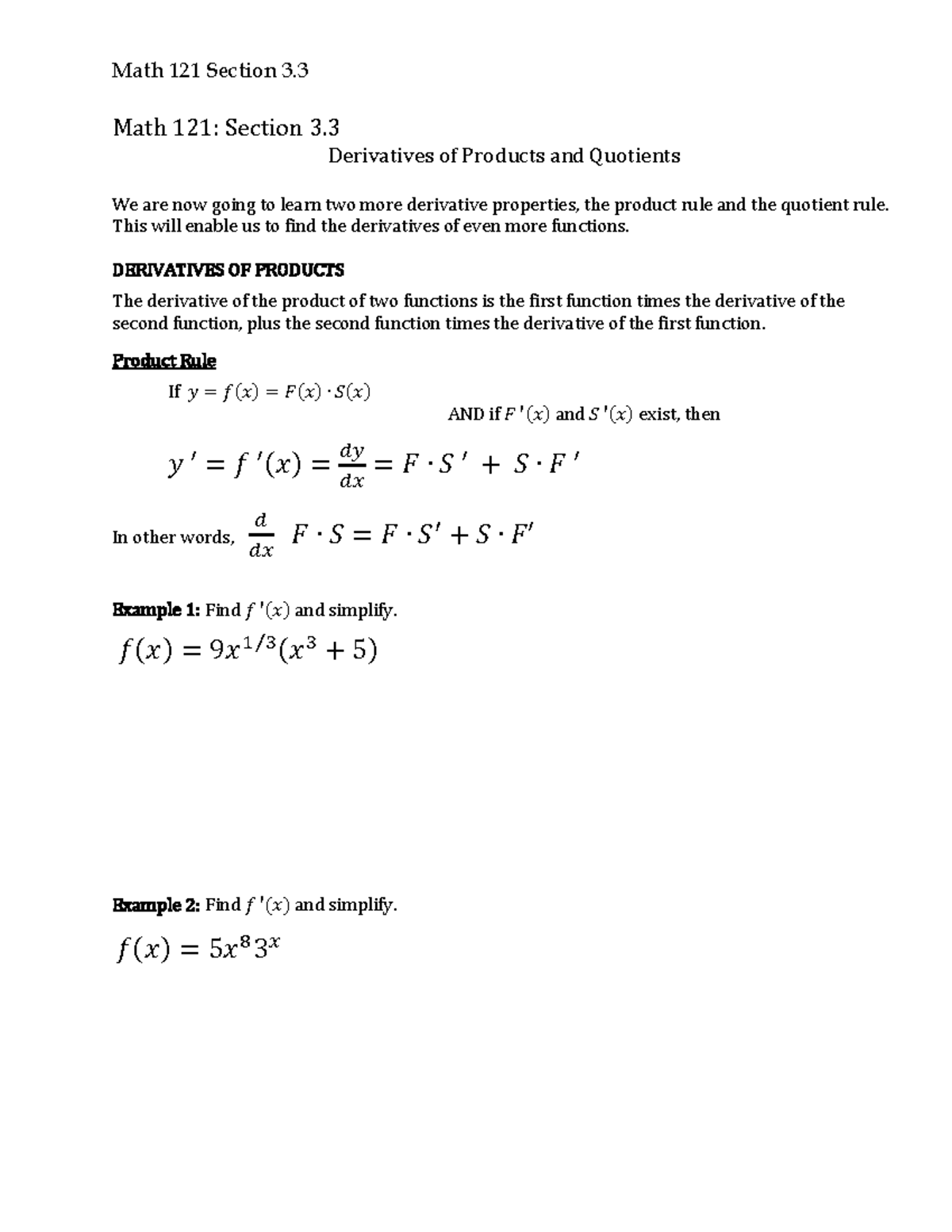 Math 121: Section 3.3 - Derivatives of Products & Quotients - Studocu
