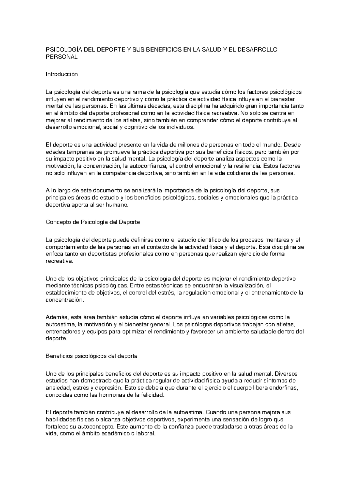 PSICOLOGÍA DEL DEPORTE: BENEFICIOS EN SALUD Y DESARROLLO PERSONAL - Studocu