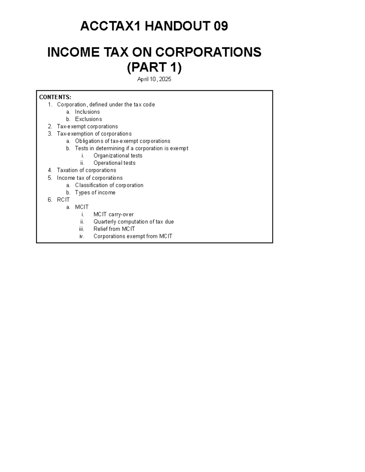 Corporation Income Tax - ACCTAX1 HANDOUT 09 INCOME TAX ON CORPORATIONS ...