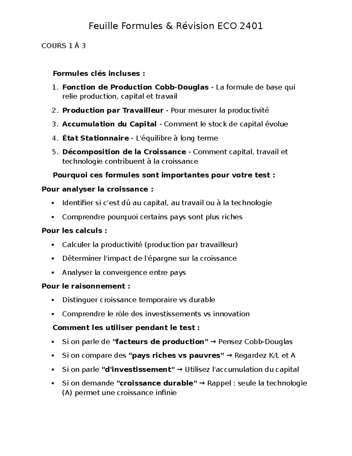 Révision des Formules Clés en Économie ECO 2401 Cours 1 à 3 - Studocu