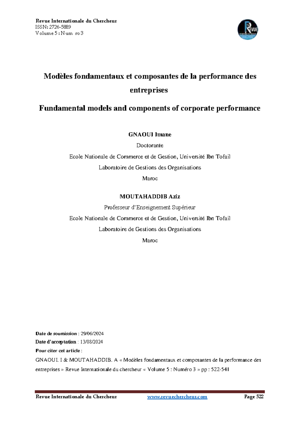 Modèles Fondamentaux et Composantes de la Performance des Entreprises ...