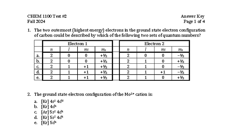 CHEM 1100 Fall 2024 75min Test 2 Answer Key - Studocu