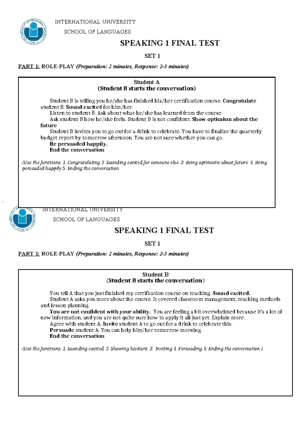 Speaking 1 Final Test Set 1-4: Conversation Scenarios and Functions ...