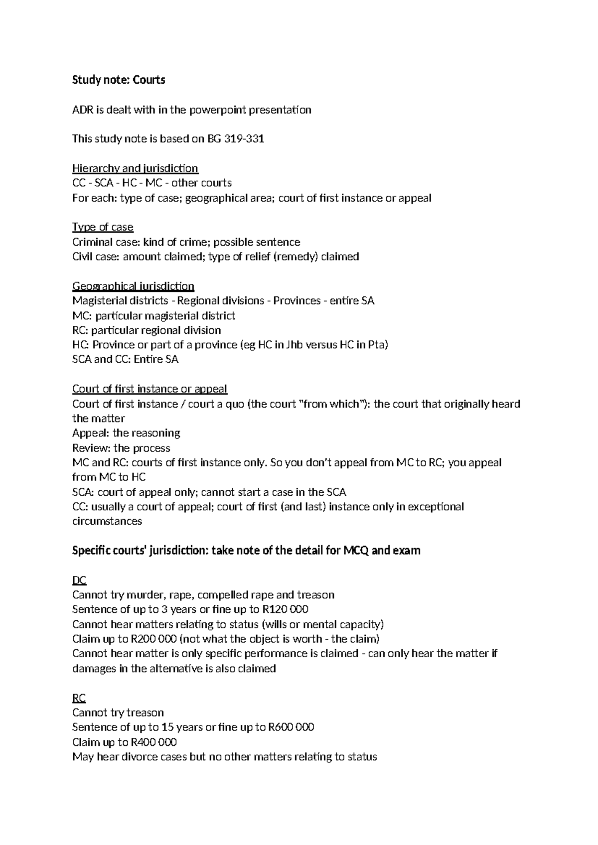 Study Notes: Courts ADR & Hierarchy (BG) - Studocu