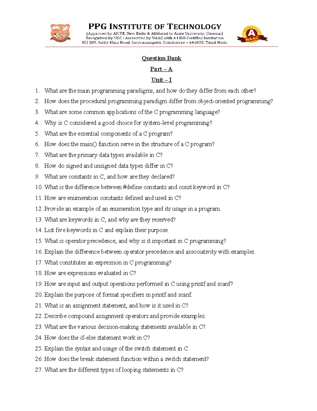 C Programming Question Bank: Unit I & II Overview - Studocu