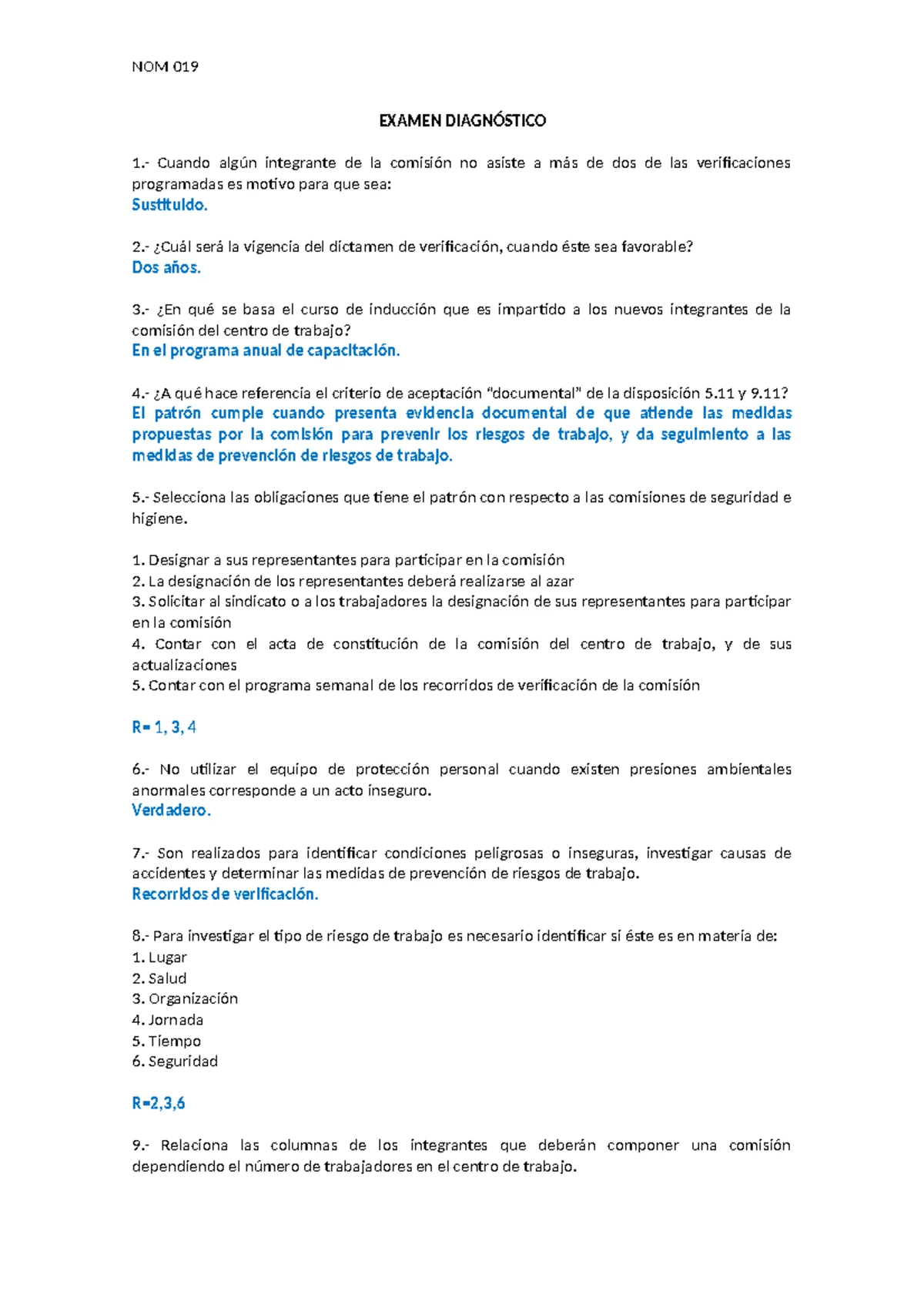 NOM-019-STPS-2011 Comisiones de Seguridad e Higiene respuestas - Son elementos que deben ...