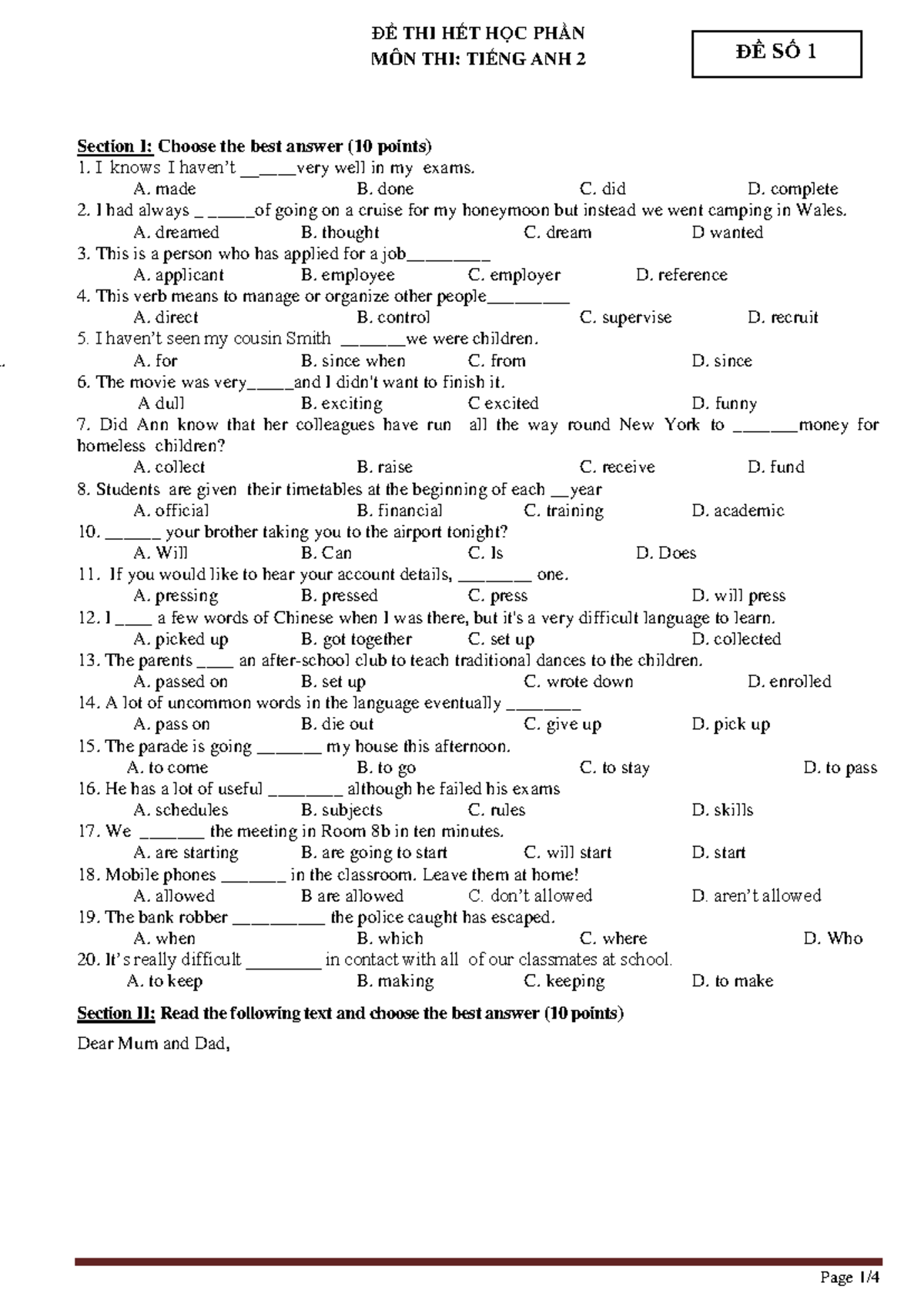 Sample test Anh 2 - hay - ĐỀ THI HẾT HỌC PHẦN MÔN THI: TIẾNG ANH 2 ...