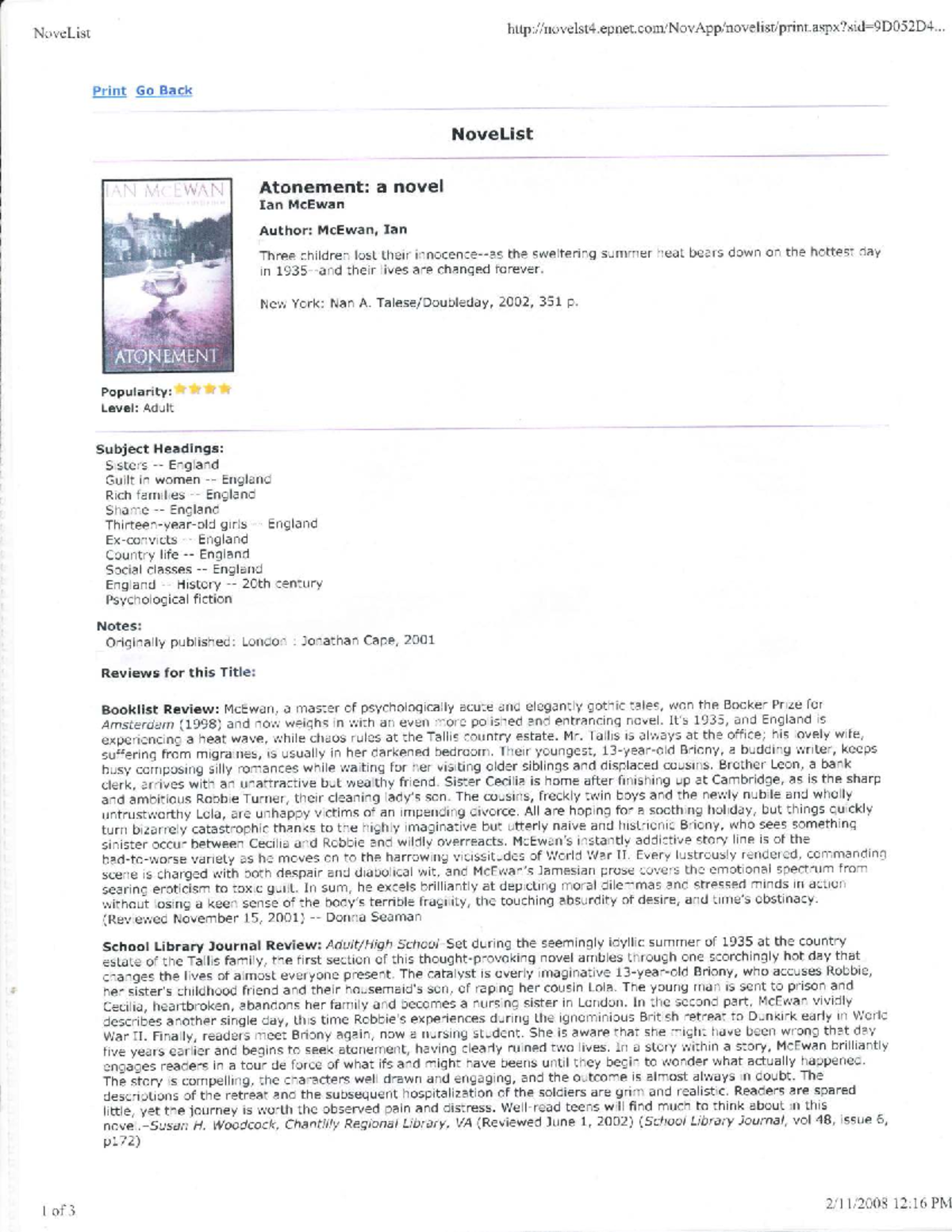 Atonement (ENG 101) - A Study of Ian McEwan's Novel and Themes - Studocu