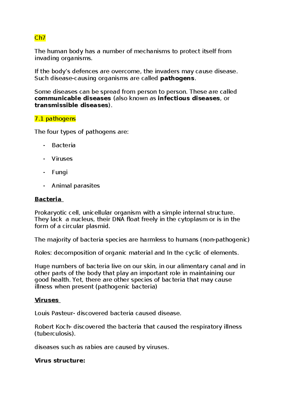 Ch7 Notes: Mechanisms of Human Body Defense Against Pathogens - Studocu