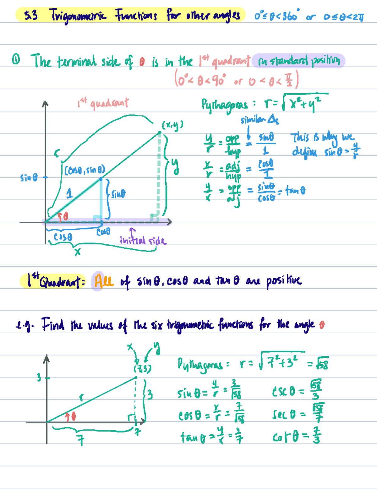 March 10 Notes for 1510 - 5 Trigonometric Functions for otherangles 0 0 ...