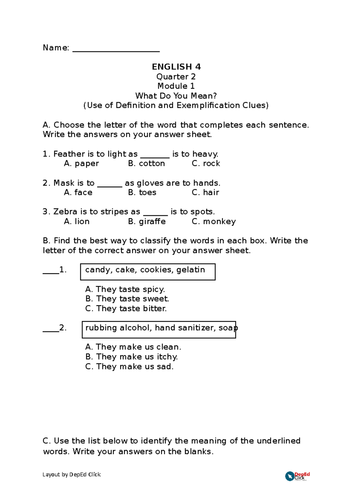 Q2 Activity Sheets - Grade 4 - Name: _____________________ ENGLISH 4 ...
