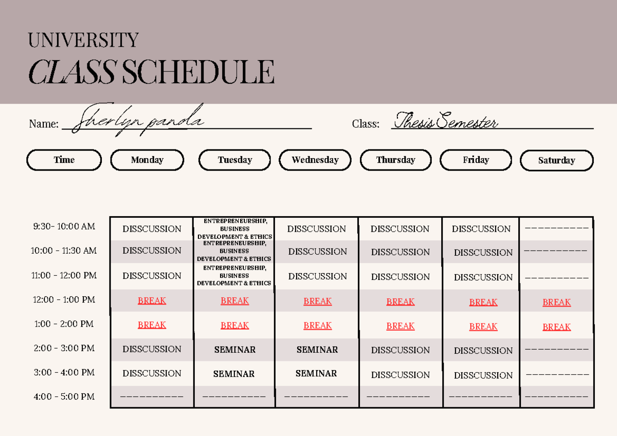Timetable for 2024/2025 - UNIVERSITY CLASS SCHEDULE Time Monday Tuesday ...