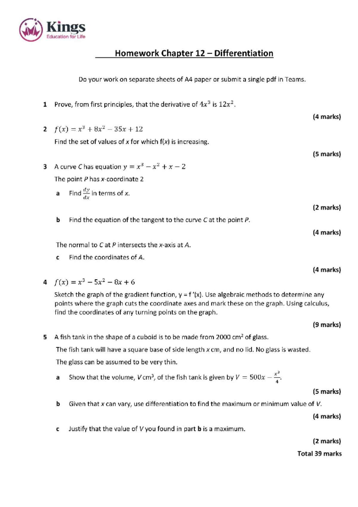 Homework Ch 12 Differentiation - Kings Education for Life - Studocu