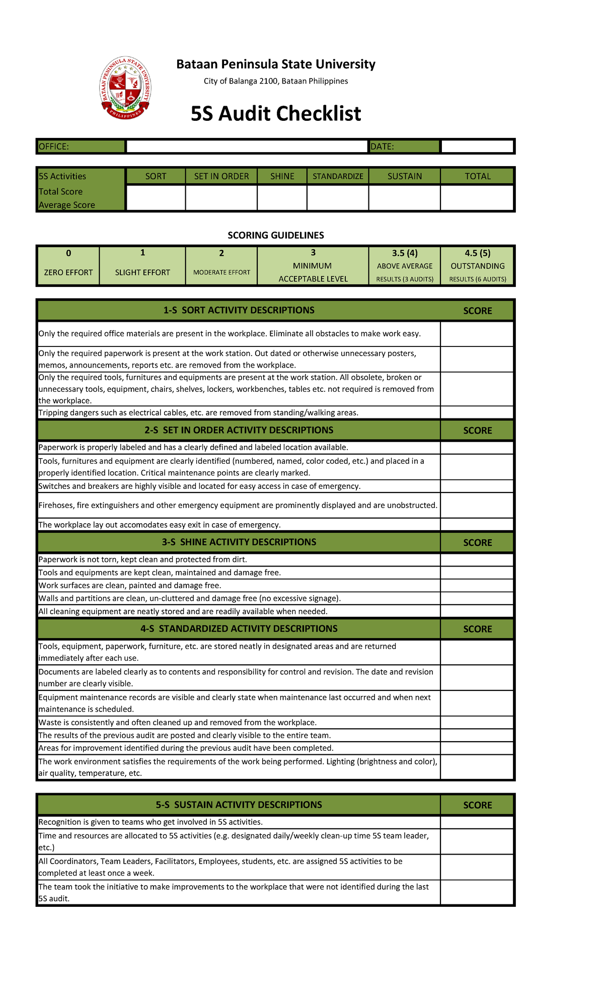 5S-Audit-checklist-5S-Audit-Scoring-Guidelines - OFFICE: DATE: 5S Activities SORT SET IN ORDER ...