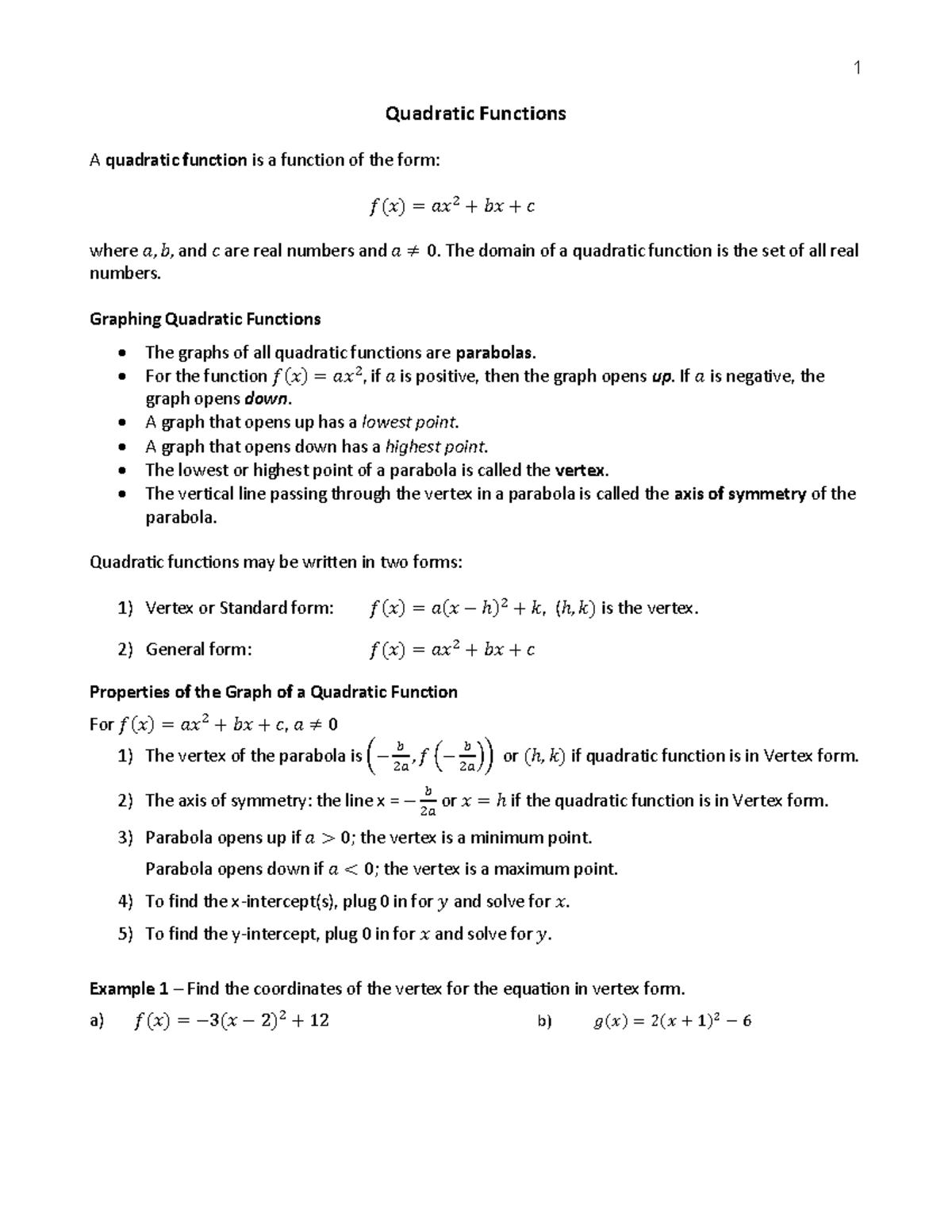 Quadratic Functions (MATH101): Graphing, Properties & Examples - Studocu