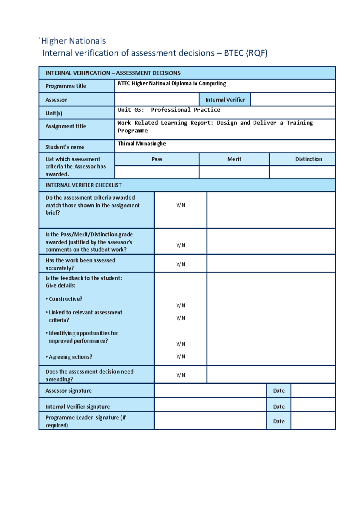 BTEC HND Computing Unit 03: Professional Practice Assessment Report - Studocu